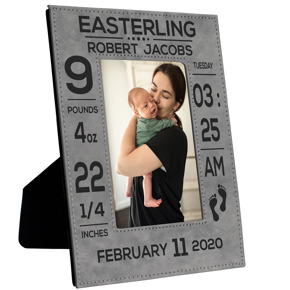 PlaqueMaker Personalized New Baby Information Picture Frame - Include the Name, Birthday, Weight, Length and Time of Birth (Gray)