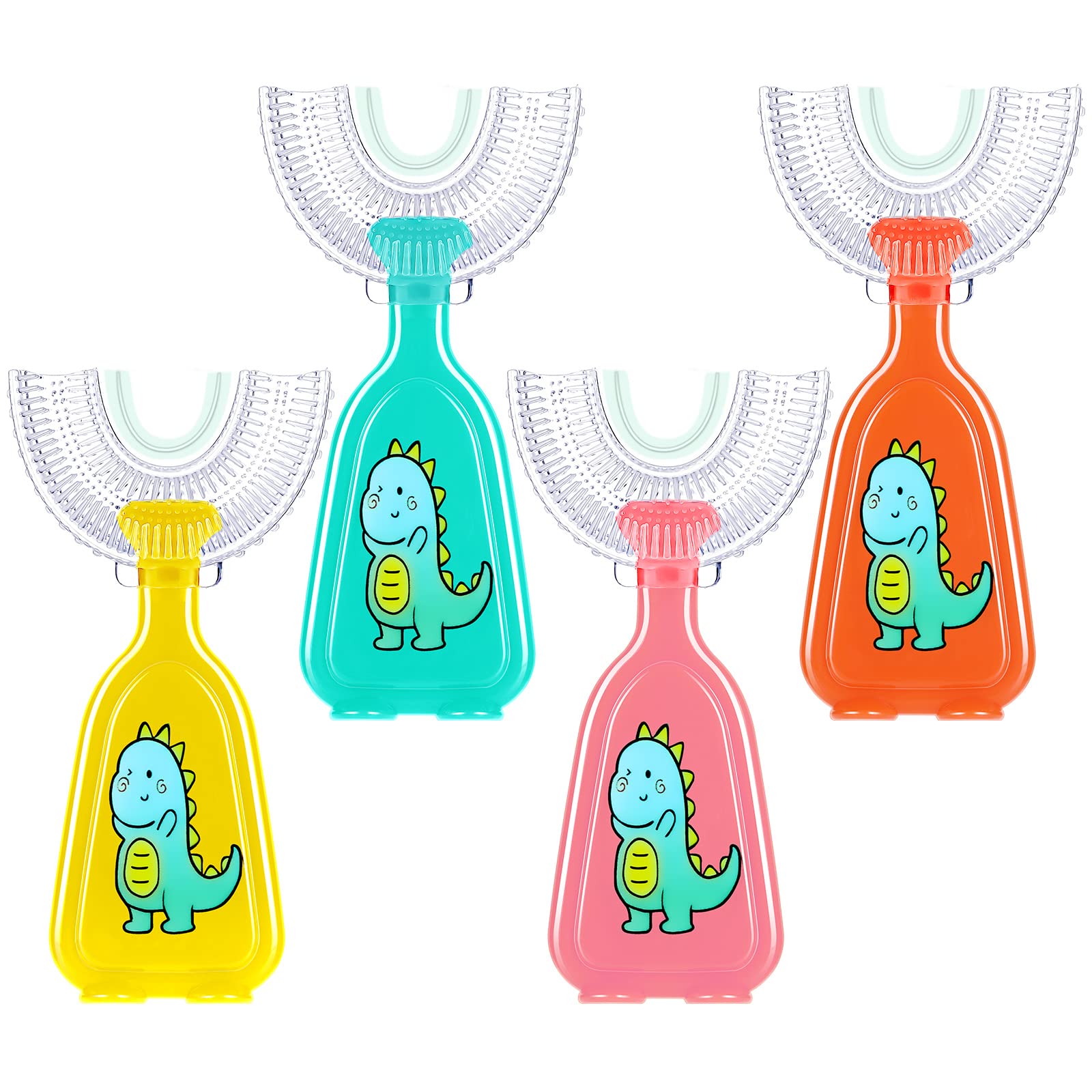 CHENGU 4 Pieces Kids U Shaped Toothbrush Manual Training Tooth Brush Whitening Massage Toothbrush Whole Mouth Toothbrush for Kids 2-12 Years (Yellow, Green, Orange, Pink, Dinosaur Style)