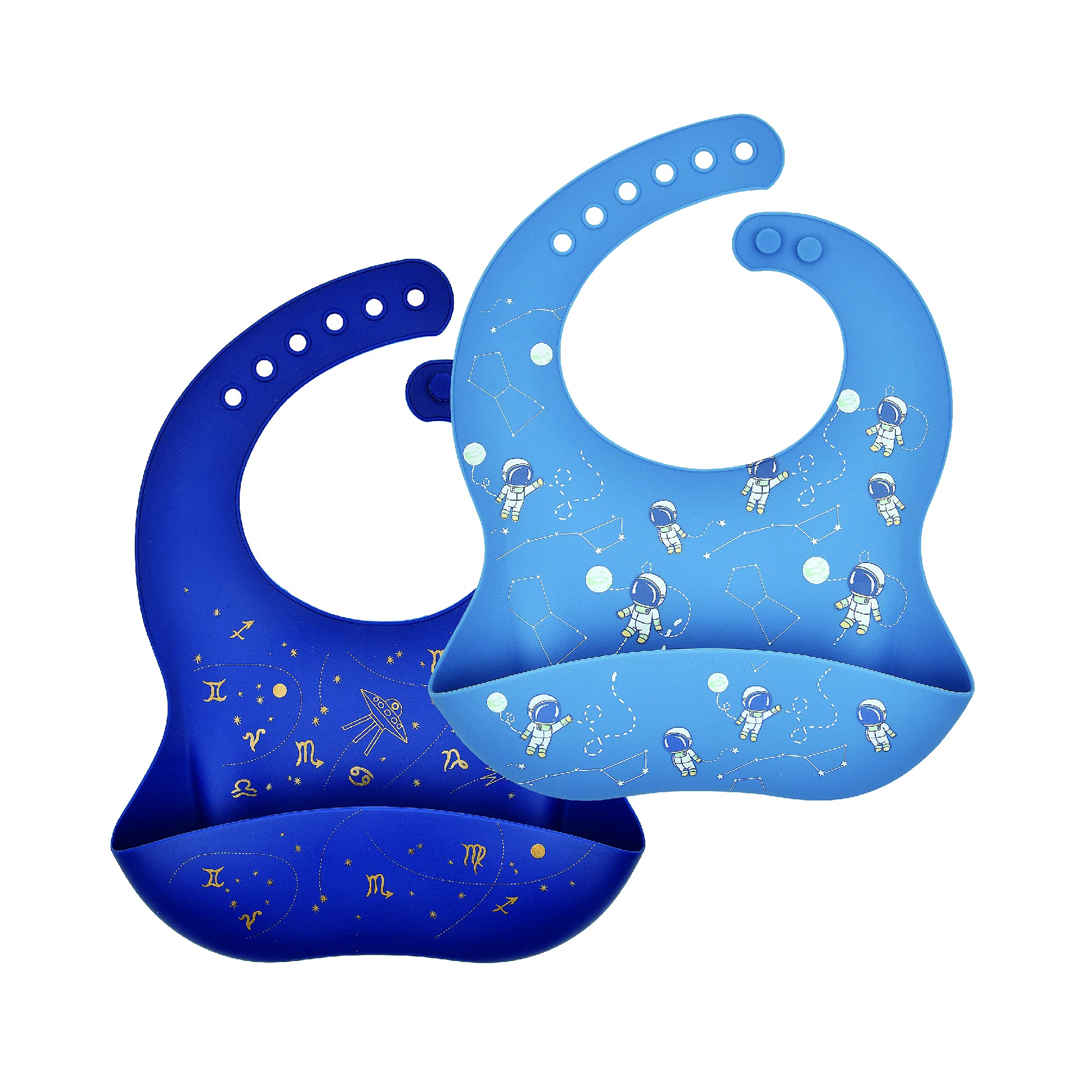 GAJIGAJI Waterproof Silicone Baby Bibs Set of 2, Easy Clean Quick Drying Soft and Comfortable Feeding Bucket Bib, Keep Stain off (Astronaut&Gold Stamp)