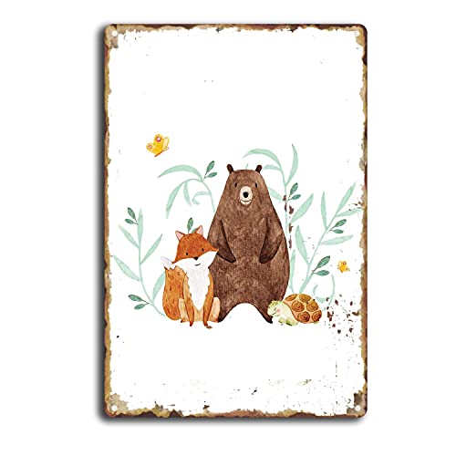 AXCISXK Tin Sign Bear Fox Print Animal Art Watercolour Woodland Illustration Nursery Decor Nursery Wall Art Kids Room Play Room Jungle Animal Vintage Metal Tin Sign Bar Pub Cafe 8x12inch