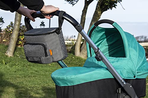 Universal Stroller Organizer; built-in wipe dispenser pocket, large space with bottle holders, detachable shoulder strap, multiple pockets for phone & other uses.