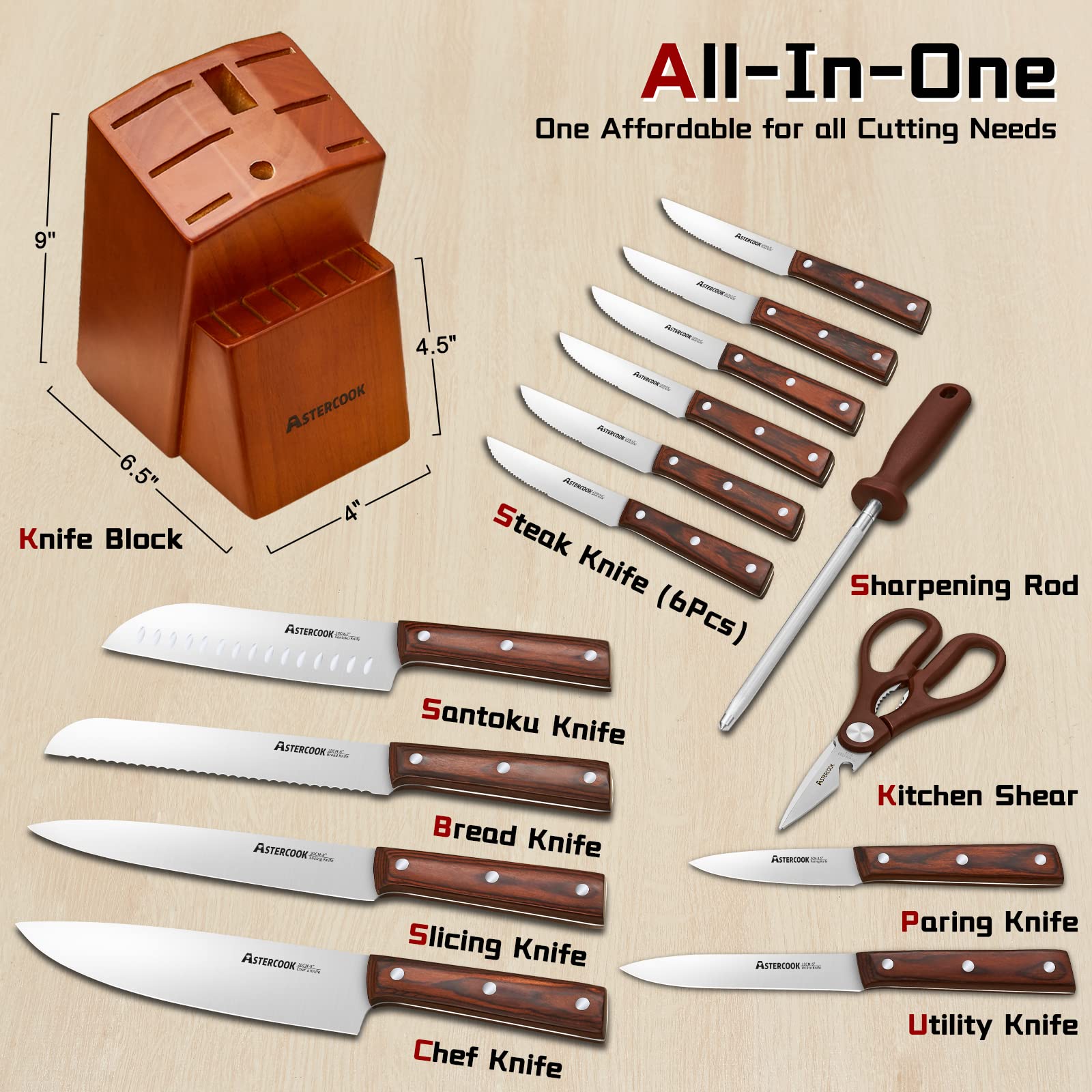 Knife Set, 15 Pieces Kitchen German High Carbon Stainless Steel Knife Set with Red Elm Wood Block, Classic Triple Rivet Chef Knife, Best Gift…