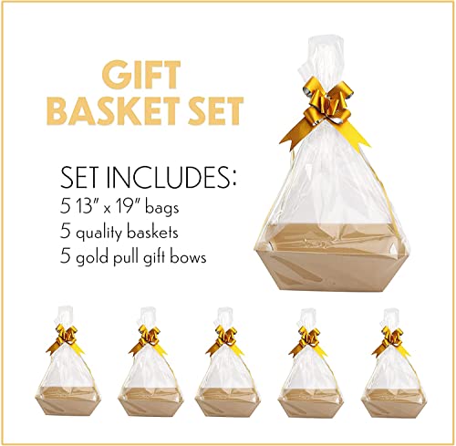 [5 Pk] Baskets for Gifts Empty | 8x10” Kraft Gift Basket Kit with Basket Empty, Basket Bags, Gold Pull Bows | Wine Basket Gift Set | Christmas, Easter, Occasions | Gift to Impress - Upper Midland