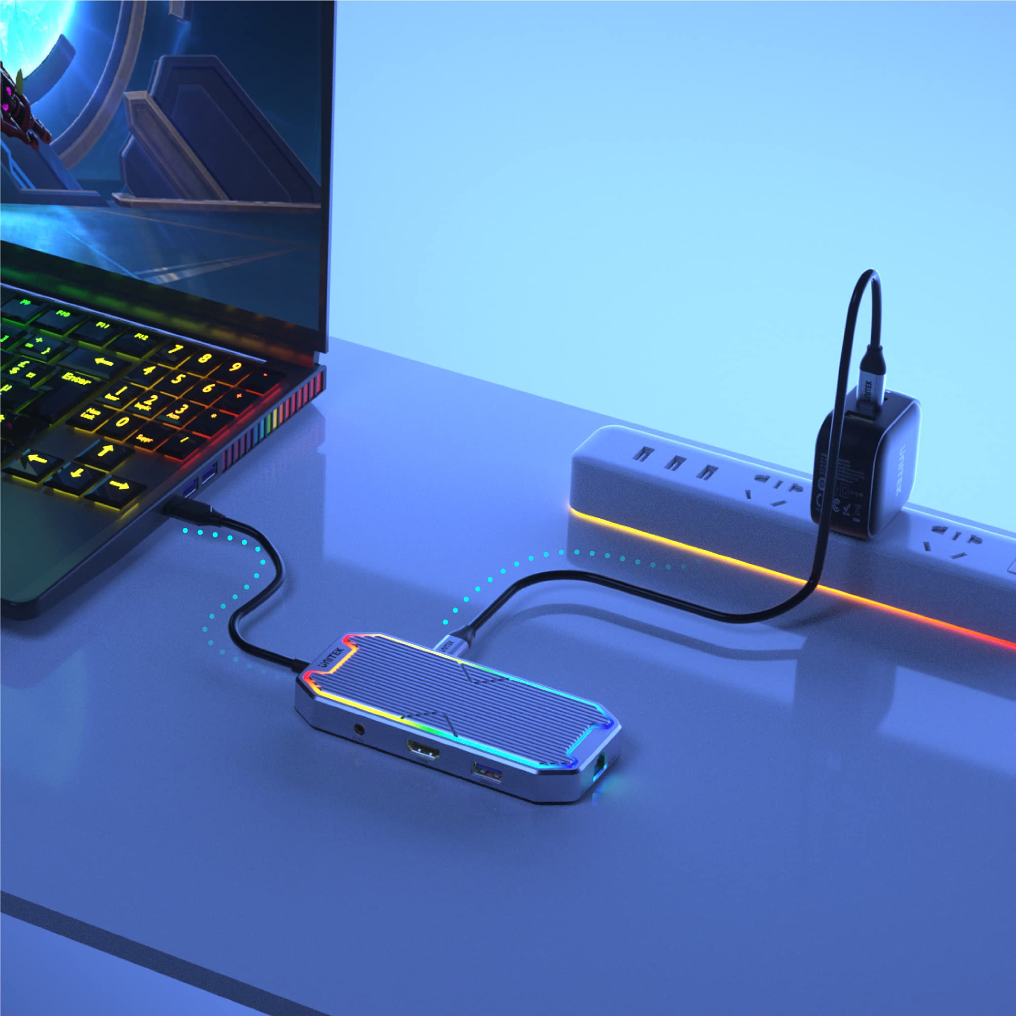 Unitek D1029A - uHUB S7+ 7-in-1 USB-C Hub with 10Gbps Data, HDMI and PD 100W / HDMI 2.0, USB 3.2 Gen 2 / Active/USB-C / 2X USB-A Port / 2X USB-C Port/Mini Jack 3.5 mm/RGB LED Lights