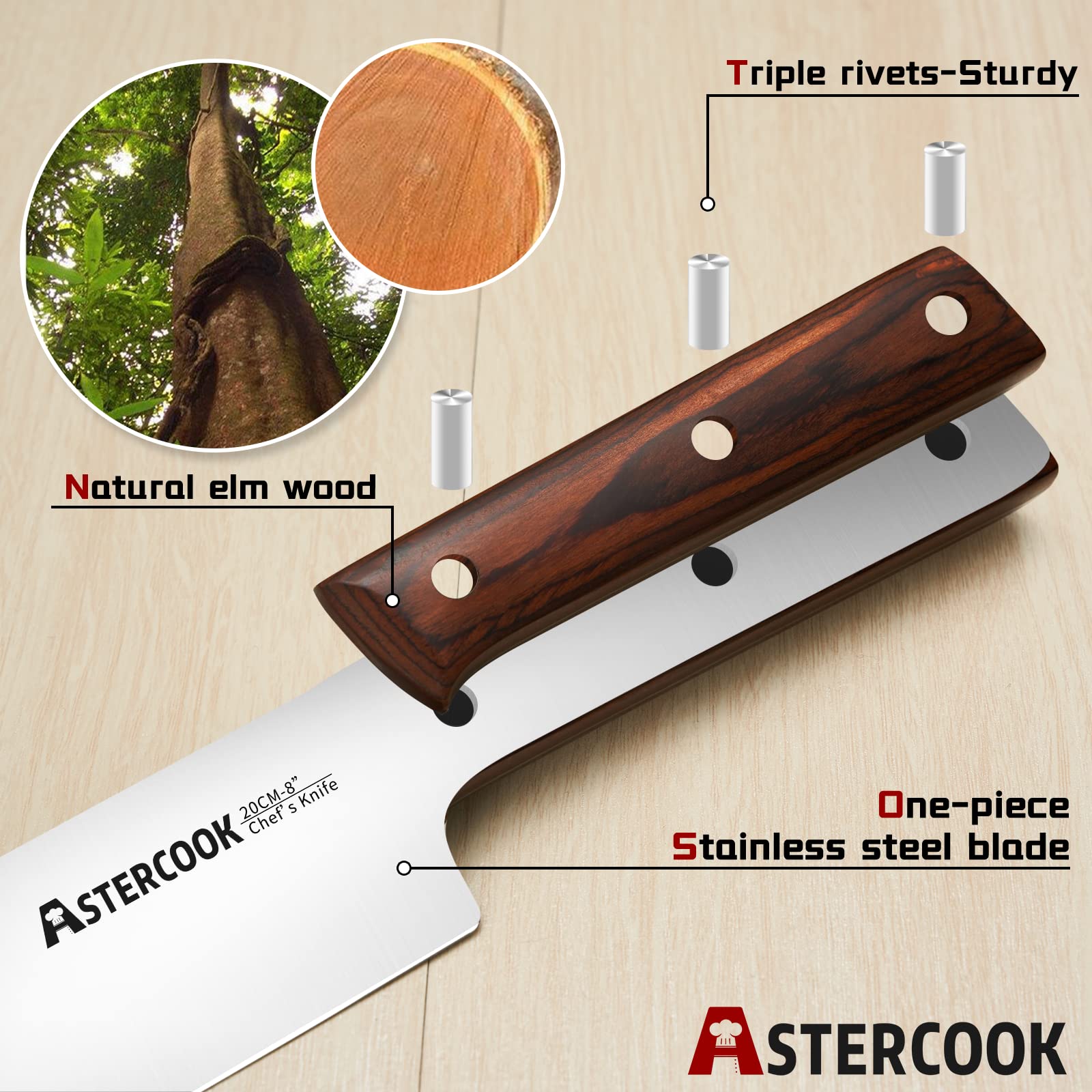 Knife Set, 15 Pieces Kitchen German High Carbon Stainless Steel Knife Set with Red Elm Wood Block, Classic Triple Rivet Chef Knife, Best Gift…