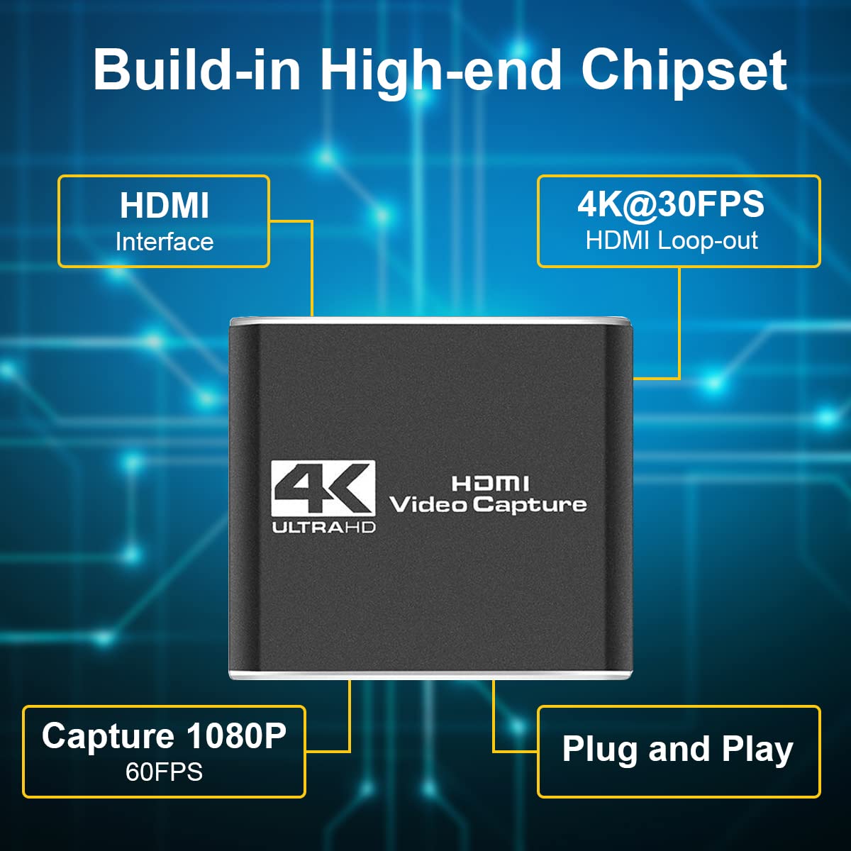 Capture Card, 4K HDMI Audio Video Capture Card with Loop-Out, HDMI to USB 2.0 Capture Card - High Definition 4K 60fps - for Gaming, Streaming, Teaching, Video Conference or Live Broadcasting