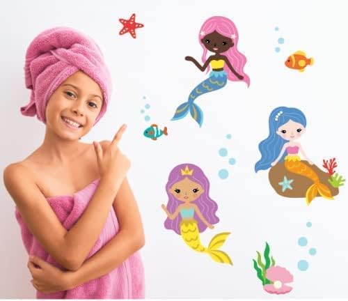 Mermaid Wall Decals Girls Bedroom and Bathroom Decor, 50 Peel and Stick Multicultural Mermaid Stickers for Girls, Includes 4 Sheets 11x11 inches Each Fun Reusable Decals