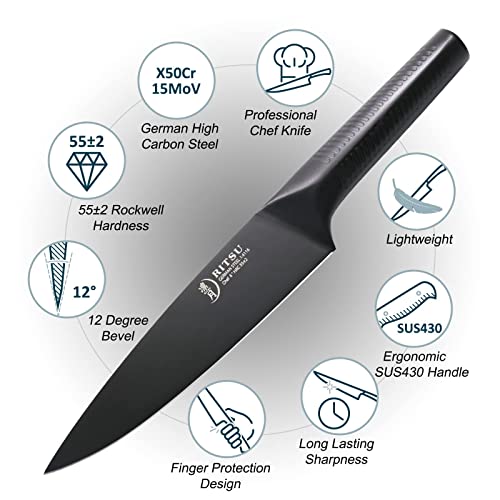 RITSU Chef Knife - 8" Chef's Knife, Black Titanium Coated Blade Japanese Chef Knife for Home Kitchen Restaurant, SUS430 Stainless Steel Handle, Ultra Sharp Kitchen Knife with Sheath