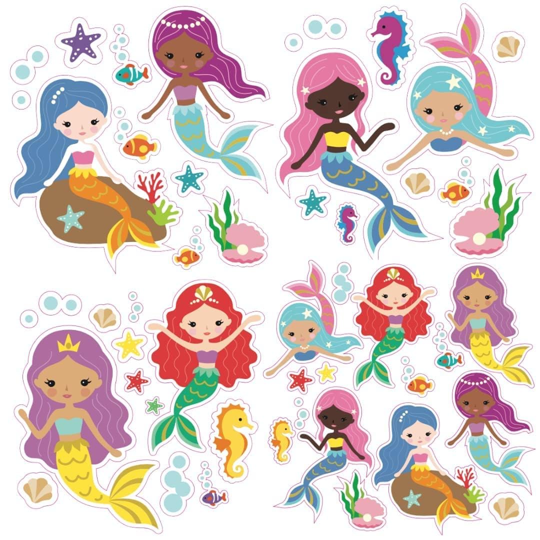 Mermaid Wall Decals Girls Bedroom and Bathroom Decor, 50 Peel and Stick Multicultural Mermaid Stickers for Girls, Includes 4 Sheets 11x11 inches Each Fun Reusable Decals