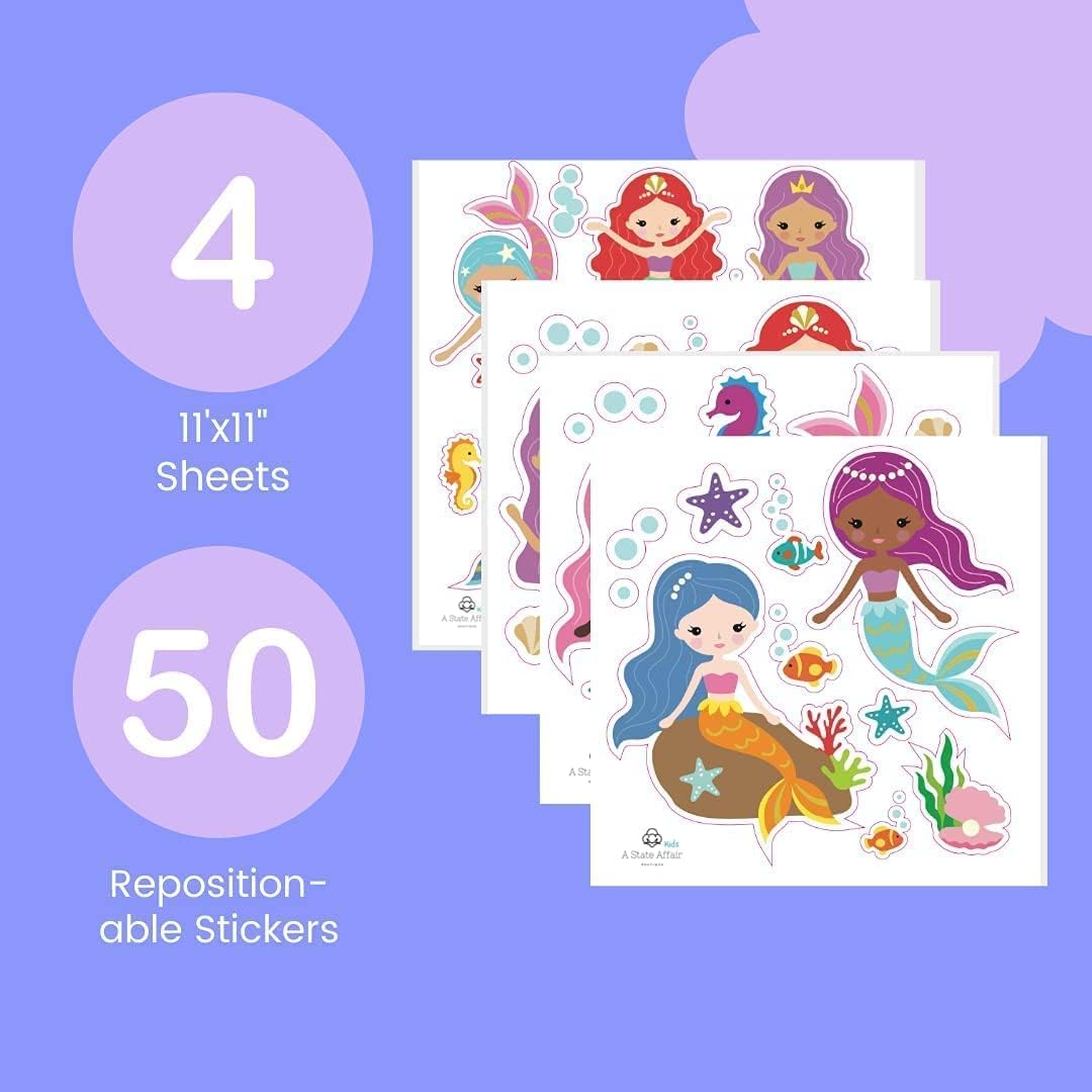 Mermaid Wall Decals Girls Bedroom and Bathroom Decor, 50 Peel and Stick Multicultural Mermaid Stickers for Girls, Includes 4 Sheets 11x11 inches Each Fun Reusable Decals