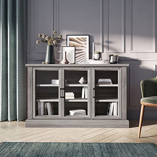 BELLEZE Sideboard Buffet Cabinet, 55” Entertainment Center Modern Wood Glass-Buffet-Sideboard with Storage Cabinet Console Table Adjustable Shelves for Dinning Room Living Room Hallway, Gray Wash