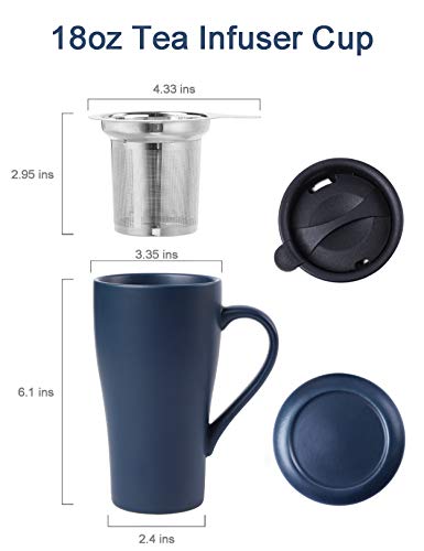ARRADEN Tea Cup with Infuser and 2 Lids, 18oz Large Tea Infuser Mug, Tea Strainer Cup for Loose Tea, Travel Mug with Tea Bag Holder (Royal Blue)