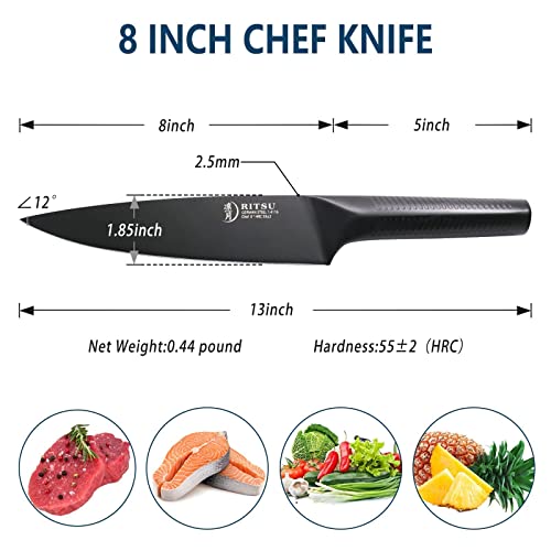 RITSU Chef Knife - 8" Chef's Knife, Black Titanium Coated Blade Japanese Chef Knife for Home Kitchen Restaurant, SUS430 Stainless Steel Handle, Ultra Sharp Kitchen Knife with Sheath