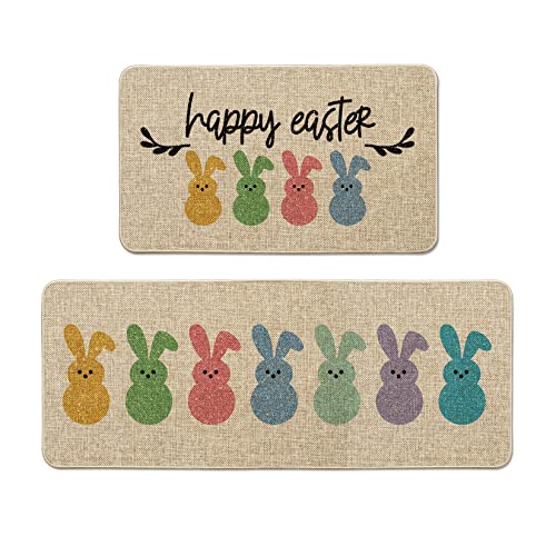 Artoid Mode Happy Easter Rabbits Decorative Kitchen Mats Set of 2, Home Seasonal Spring Easter Holiday Holiday Party Low-Profile Floor Mat - 17x29 and 17x47 Inch