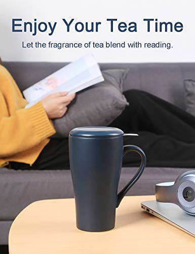 ARRADEN Tea Cup with Infuser and 2 Lids, 18oz Large Tea Infuser Mug, Tea Strainer Cup for Loose Tea, Travel Mug with Tea Bag Holder (Royal Blue)