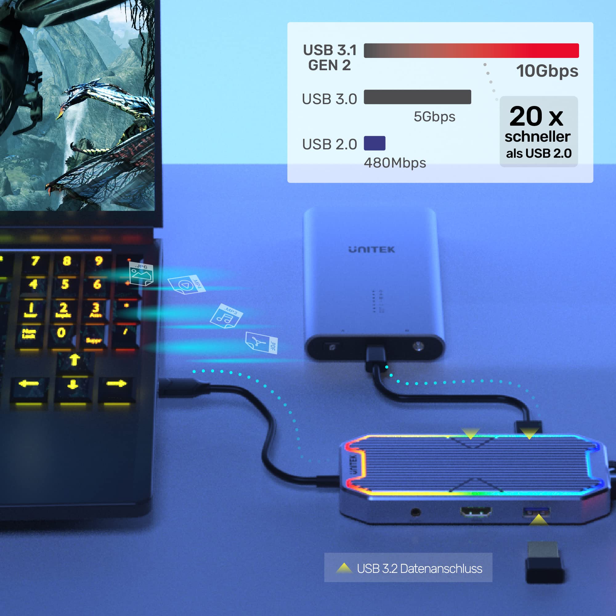 Unitek D1029A - uHUB S7+ 7-in-1 USB-C Hub with 10Gbps Data, HDMI and PD 100W / HDMI 2.0, USB 3.2 Gen 2 / Active/USB-C / 2X USB-A Port / 2X USB-C Port/Mini Jack 3.5 mm/RGB LED Lights