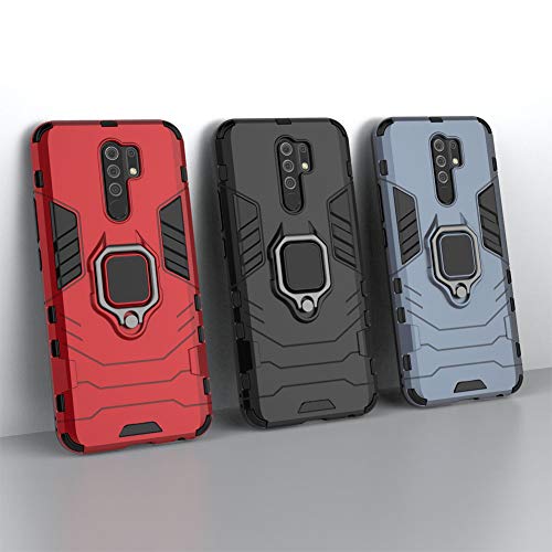 Ytaland for Xiaomi Redmi 9 Case,with 2 x Tempered Glass Screen Protector. (3 in 1) Shockproof Bumper Defender Protective Phone Cover with Ring Kickstand (Wine Red)