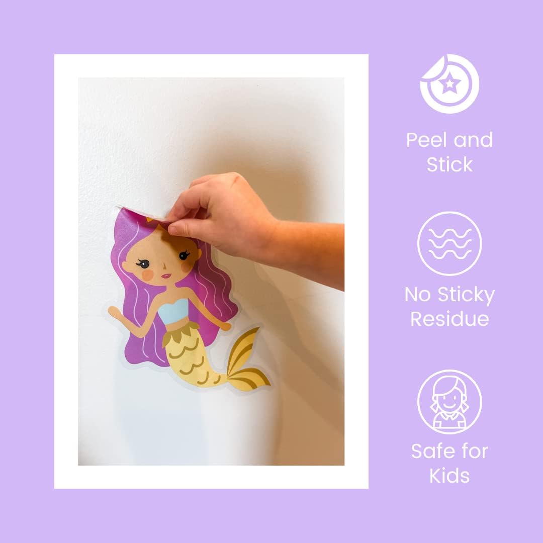 Mermaid Wall Decals Girls Bedroom and Bathroom Decor, 50 Peel and Stick Multicultural Mermaid Stickers for Girls, Includes 4 Sheets 11x11 inches Each Fun Reusable Decals