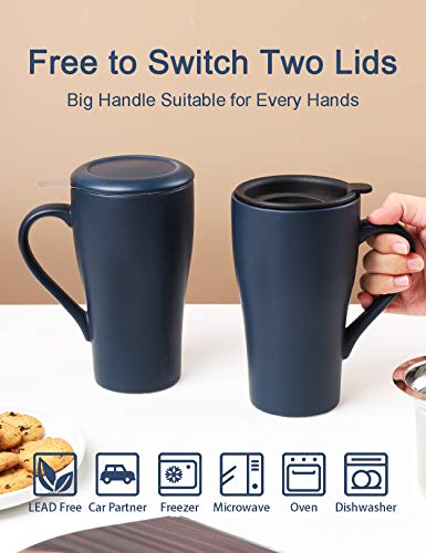 ARRADEN Tea Cup with Infuser and 2 Lids, 18oz Large Tea Infuser Mug, Tea Strainer Cup for Loose Tea, Travel Mug with Tea Bag Holder (Royal Blue)