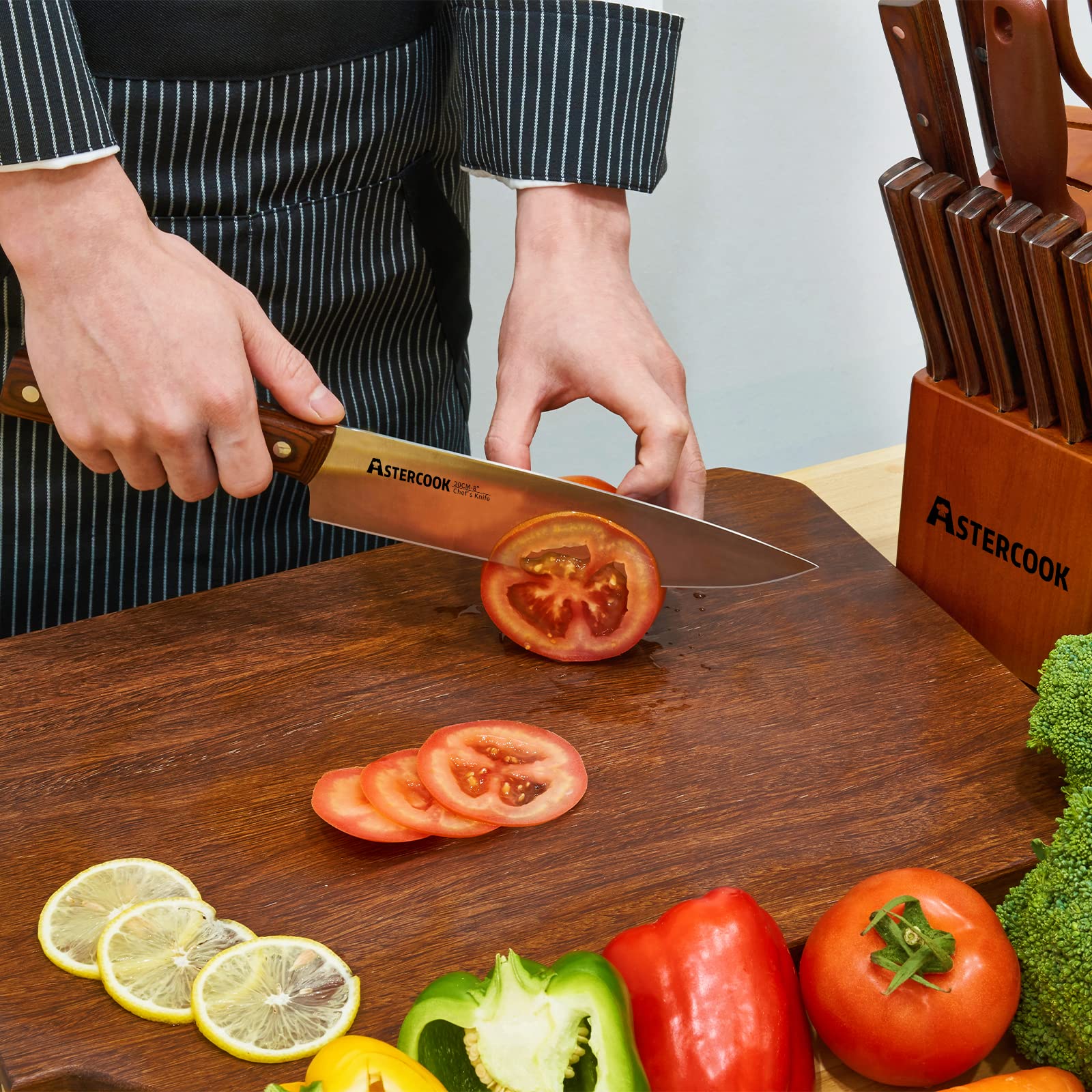Knife Set, 15 Pieces Kitchen German High Carbon Stainless Steel Knife Set with Red Elm Wood Block, Classic Triple Rivet Chef Knife, Best Gift…