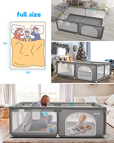 HEAO Baby Playpen for Toddler, Large Baby Playard 79 "X 59", Sturdy Play Yard with Soft Breathable Mesh, Safety Playpen for Babies, with 30 Pits Balls&Anti-Slip Base&6 Pull Rings, Light Grey