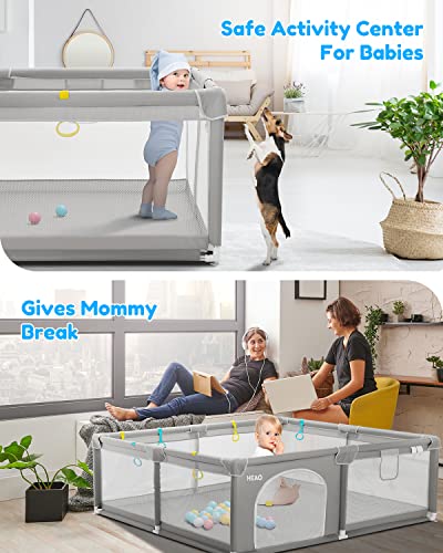 HEAO Baby Playpen for Toddler, Large Baby Playard 79 "X 59", Sturdy Play Yard with Soft Breathable Mesh, Safety Playpen for Babies, with 30 Pits Balls&Anti-Slip Base&6 Pull Rings, Light Grey