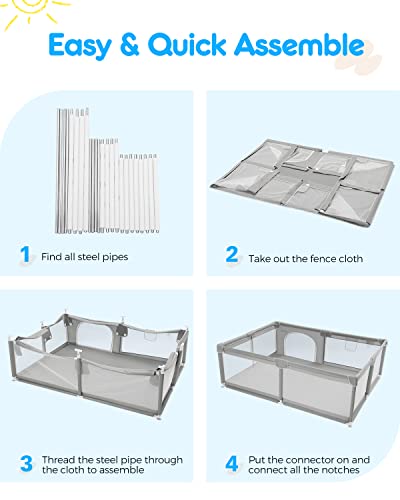HEAO Baby Playpen for Toddler, Large Baby Playard 79 "X 59", Sturdy Play Yard with Soft Breathable Mesh, Safety Playpen for Babies, with 30 Pits Balls&Anti-Slip Base&6 Pull Rings, Light Grey