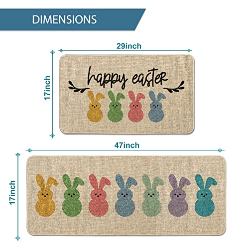 Artoid Mode Happy Easter Rabbits Decorative Kitchen Mats Set of 2, Home Seasonal Spring Easter Holiday Holiday Party Low-Profile Floor Mat - 17x29 and 17x47 Inch