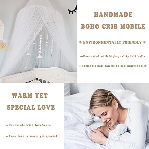 Boho Baby Mobile Neutral Baby Crib Mobile Nursery Cot Mobile Handmade Felt Ball Crib Mobile Pom Pom Mobile Ceiling Mobile Kids Room Nursery Decor(White-Clouds)
