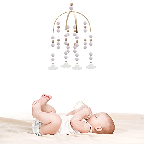 Boho Baby Mobile Neutral Baby Crib Mobile Nursery Cot Mobile Handmade Felt Ball Crib Mobile Pom Pom Mobile Ceiling Mobile Kids Room Nursery Decor(White-Clouds)