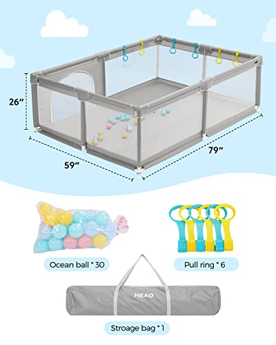 HEAO Baby Playpen for Toddler, Large Baby Playard 79 "X 59", Sturdy Play Yard with Soft Breathable Mesh, Safety Playpen for Babies, with 30 Pits Balls&Anti-Slip Base&6 Pull Rings, Light Grey