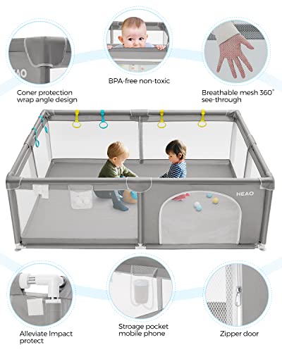 HEAO Baby Playpen for Toddler, Large Baby Playard 79 "X 59", Sturdy Play Yard with Soft Breathable Mesh, Safety Playpen for Babies, with 30 Pits Balls&Anti-Slip Base&6 Pull Rings, Light Grey
