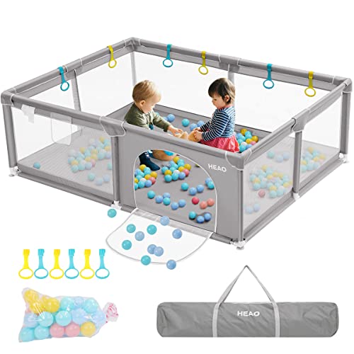 HEAO Baby Playpen for Toddler, Large Baby Playard 79 "X 59", Sturdy Play Yard with Soft Breathable Mesh, Safety Playpen for Babies, with 30 Pits Balls&Anti-Slip Base&6 Pull Rings, Light Grey