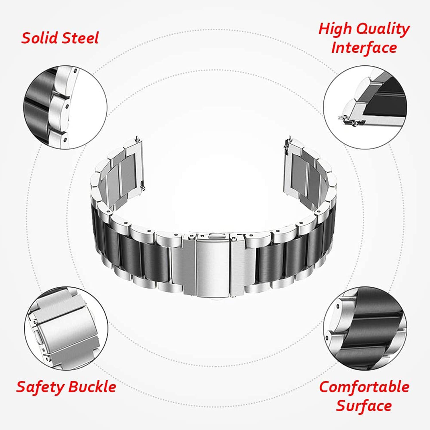 Lamshaw Bands Compatible with Fossil Gen 6 Smartwatch Band Solid Stainless Steel Metal Band for Fossil Gen 6 42mm / 44mm Smartwatch (Silver-Black, MEN-44MM)