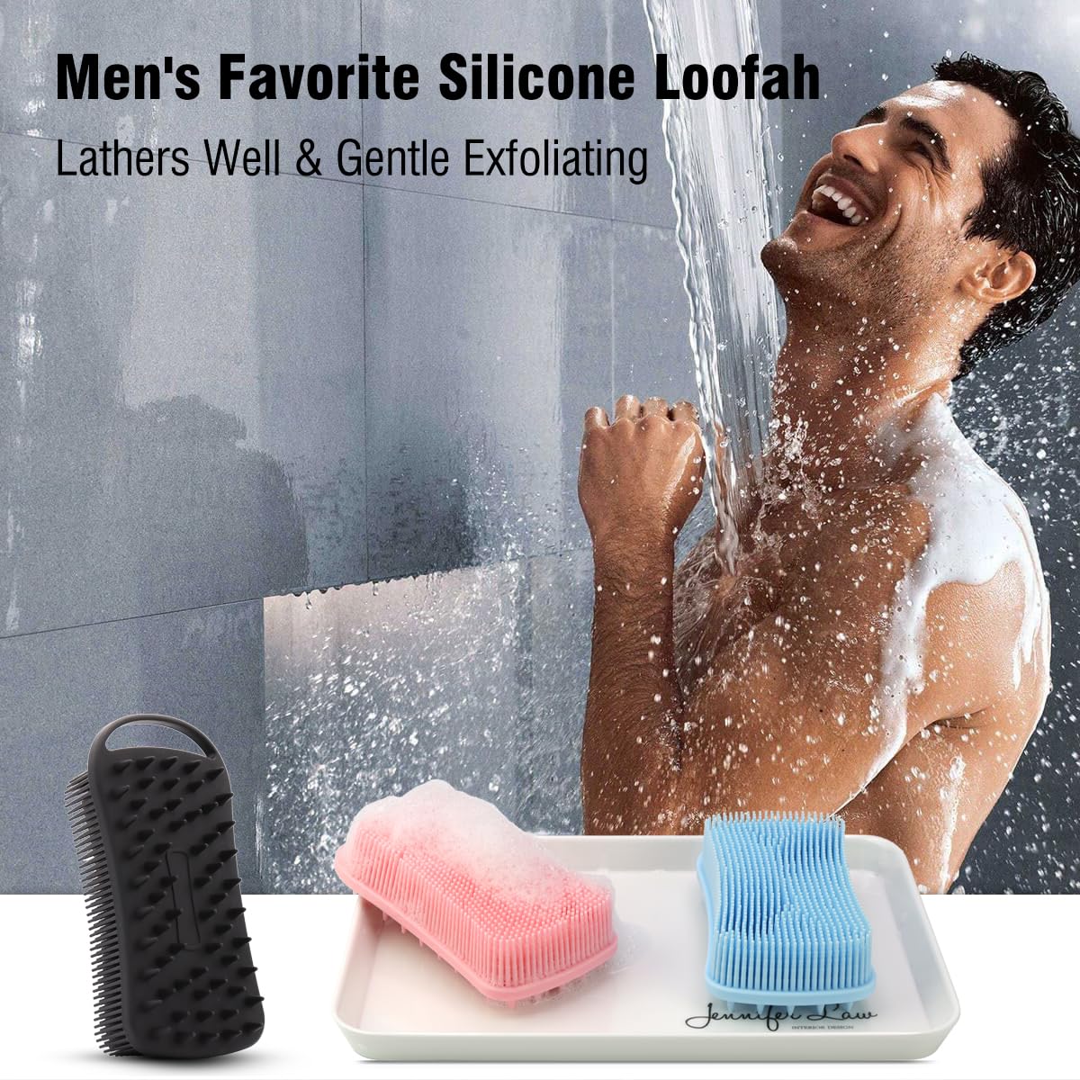 2 in 1 Soft Silicone Body Scrubber, Shower Loofah for Sensitive Skin, Lathers Well, Scalp Massager, Double-Sided Shampoo Brush For Gentle Exfoliating