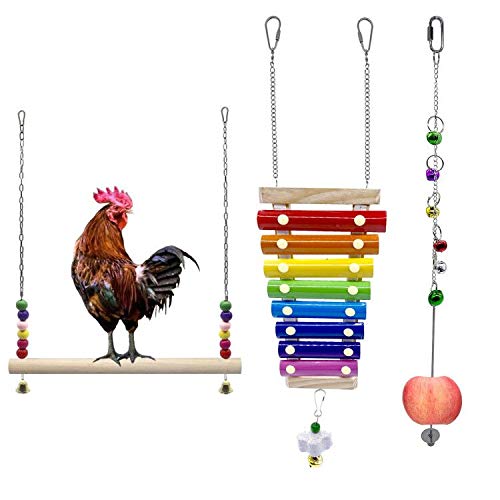 EBaokuup 3PCS Chicken Toys for Coop Accessories, Chicken Xylophone Toy, Suspensible Wooden Chicken Toys for Hens Chicken Stand Toy, Chicken Vegetable Hanging Feeder Chicken Veggies Skewer Fruit Holder
