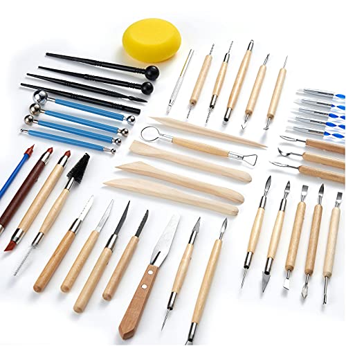 TEMONTIAN Pottery Clay Sculpting Tools,44Pcs Double Sided Polymer Clay Tools, Ceramic Clay Carving Tool Set with Carrying Case Bag for Beginners, Pottery Tools and Supplies for Professionals Kit