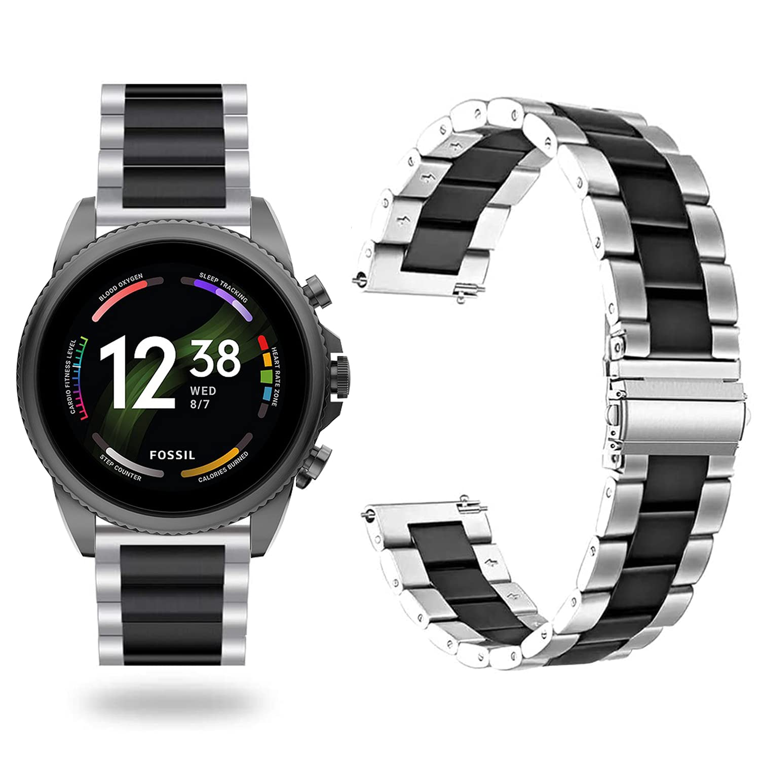 Lamshaw Bands Compatible with Fossil Gen 6 Smartwatch Band Solid Stainless Steel Metal Band for Fossil Gen 6 42mm / 44mm Smartwatch (Silver-Black, MEN-44MM)