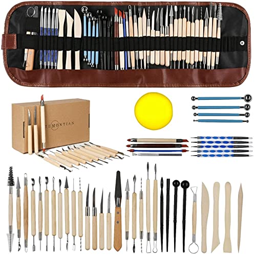 TEMONTIAN Pottery Clay Sculpting Tools,44Pcs Double Sided Polymer Clay Tools, Ceramic Clay Carving Tool Set with Carrying Case Bag for Beginners, Pottery Tools and Supplies for Professionals Kit