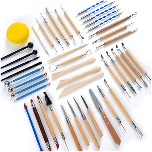 TEMONTIAN Pottery Clay Sculpting Tools,44Pcs Double Sided Polymer Clay Tools, Ceramic Clay Carving Tool Set with Carrying Case Bag for Beginners, Pottery Tools and Supplies for Professionals Kit