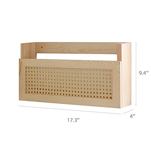FIRADE Wood Magazine Wall Rack with PE Rattan Grid,Size 17.3" x 4" x 9.4",File Holder for Entryway,Living Room,Waiting Room,Kids’ Room,Office
