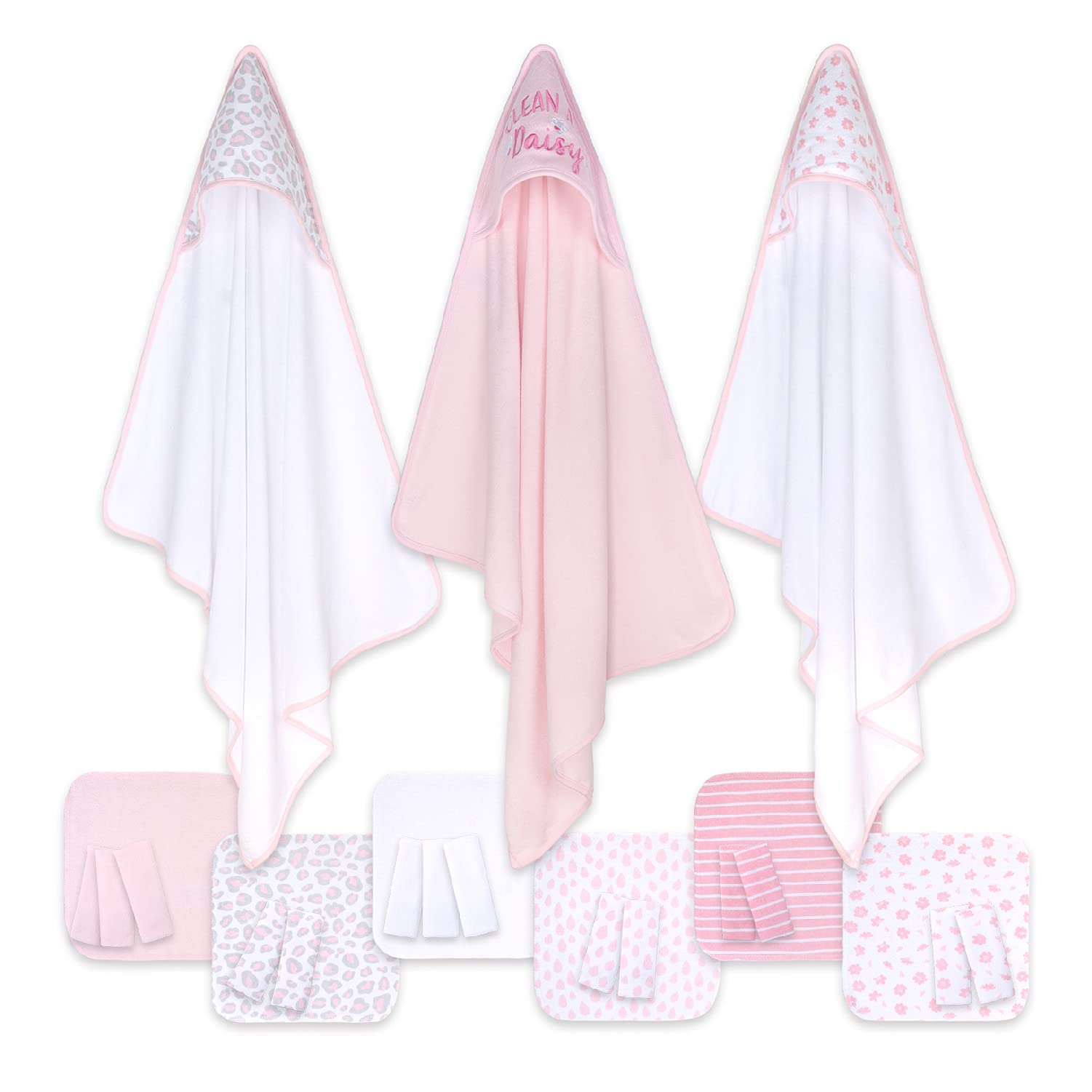 The Peanutshell Hooded Bath Towel and Wash Cloth Set for Baby Girls - 23 Piece Gift Set - Pink Floral & Cheetah Print