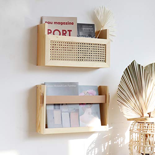 FIRADE Wood Magazine Wall Rack with PE Rattan Grid,Size 17.3" x 4" x 9.4",File Holder for Entryway,Living Room,Waiting Room,Kids’ Room,Office