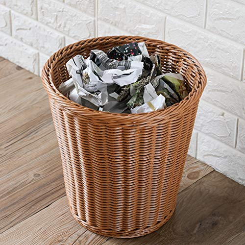 VORCOOL Round Rattan Waste Basket Bin Paper Wastebasket Books Newspaper Decorative can for Bedroom Desktop Coffee
