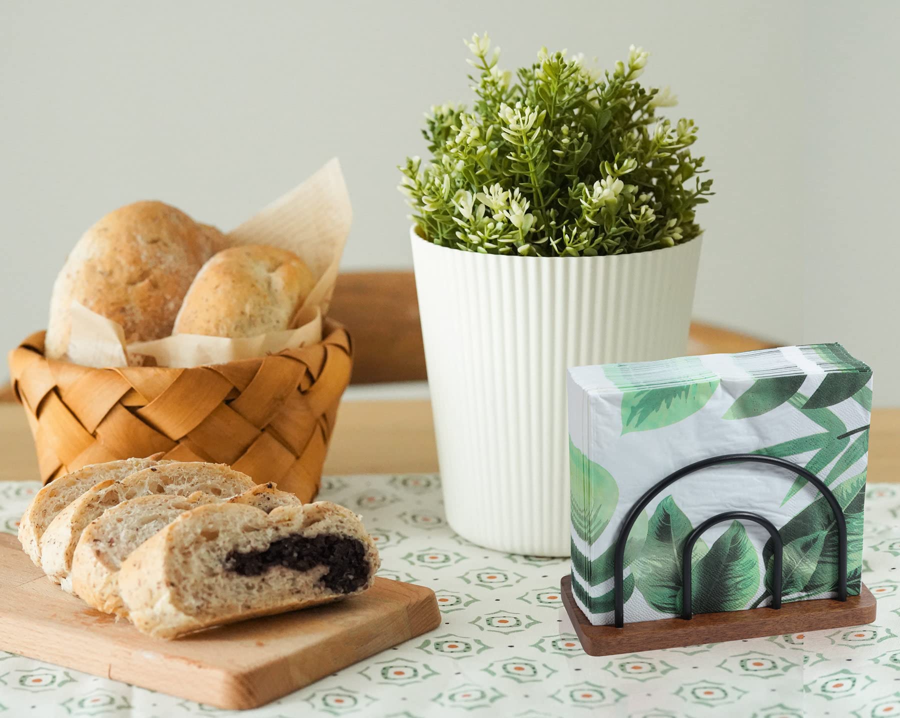 MBL Wooden Napkin Holder with Matte Black Metal Wire, for Kitchen Dining Restaurant Table Classic Home Décor, Indoor & Outdoor Use, Brown Base
