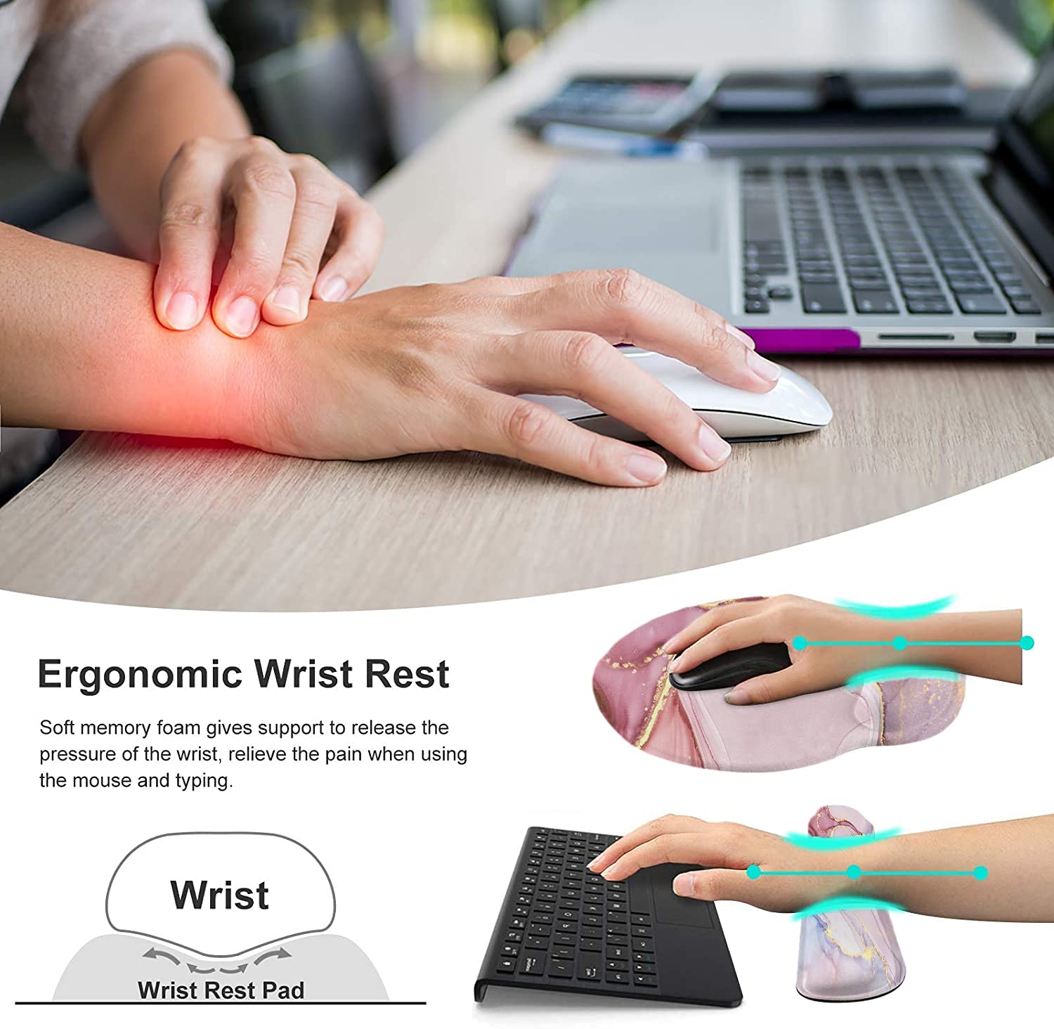 Keyboard Wrist Rest and Mouse Pad with Wrist Support, Ergonomic Memory Foam Mouse Pad for Gaming and Office, Pain Relief Mouse Pad and Wrist Support Set