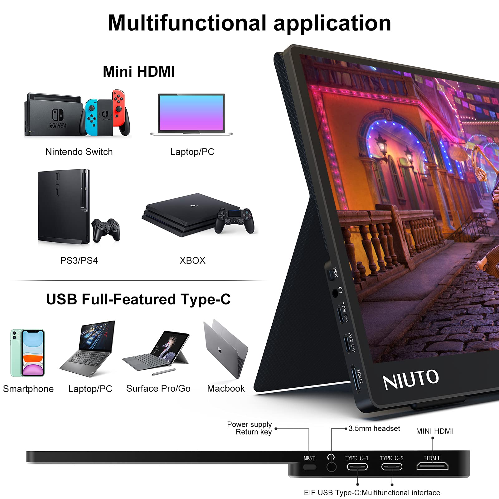 4K Portable Touch Monitor Travel Screen Second Touchscreen Extender UHD USB C Computer Gaming for Laptop 14.0 Inch 3840 X 2160 IPS Compatible with Mac,MacBook,Nintendo Switch