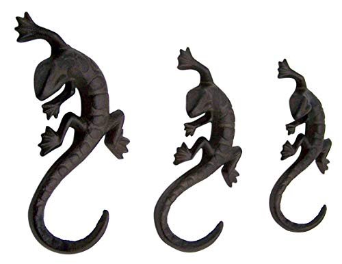 Cast Iron Lizard Wall Hooks, Rustic Home Décor for Hanging Towels, Coats, Hats, Set of 3, 7 1/2 Inches