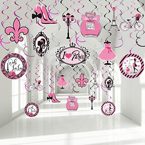 30 Pieces Paris Party Decorations, Pink Paris Party Hanging Swirl Ooh La La Eiffel Tower Sign Foil Ceiling Streamers Decor for Paris Birthday Theme Party Girl Party Baby Shower Supplies