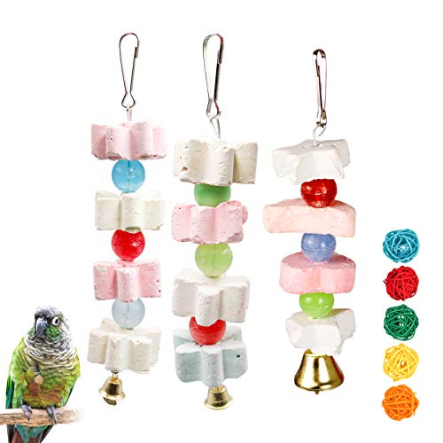 S-Mechanic 3Packs Parrot Chewing Toy Beak Trimmer Calcium Stone with BellParrot for Cockatiel Conure African Grey Amazon Parrots Parakeet Cockatiel Bird (Style-2)